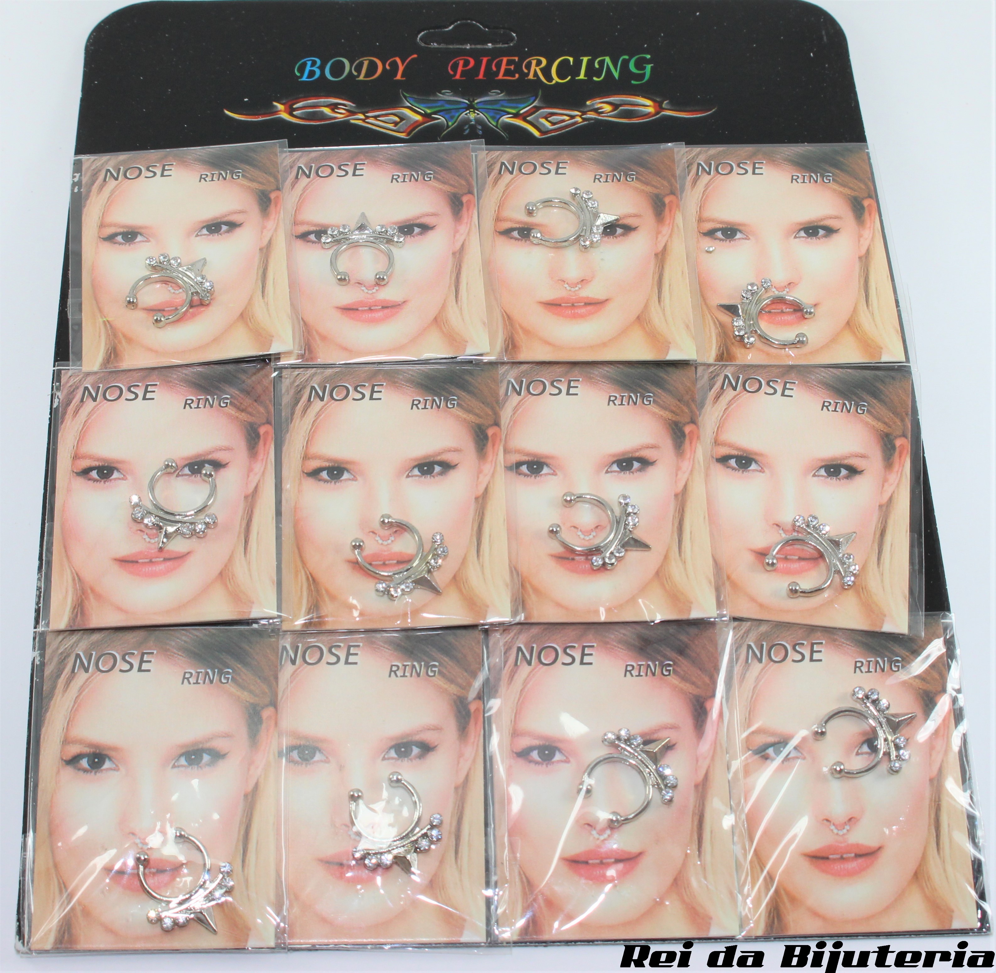 Cartela de Piercing Aço Inox com 5 Peças Prata e Preto Sortidos com St