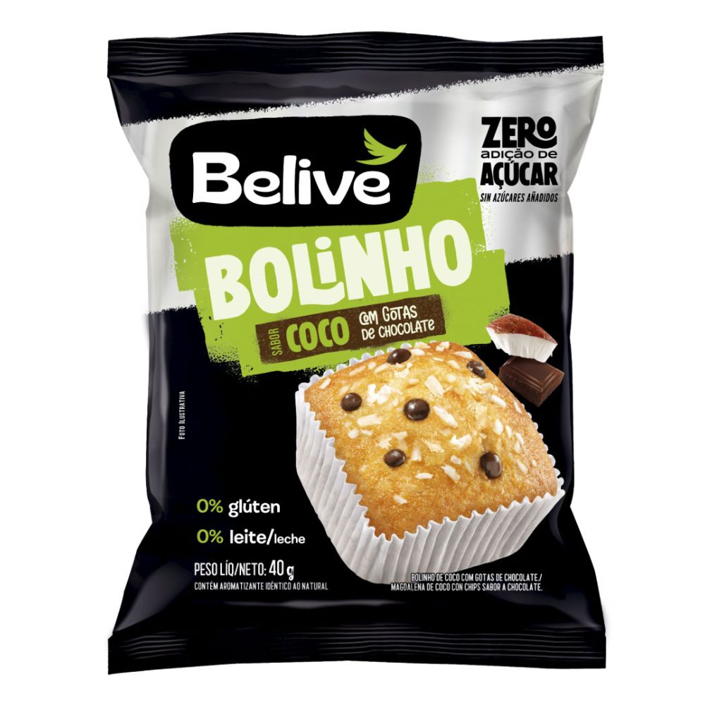 Bolinho Sem Açúcar Sabor Coco com Gotas de Chocolate Belive 40g