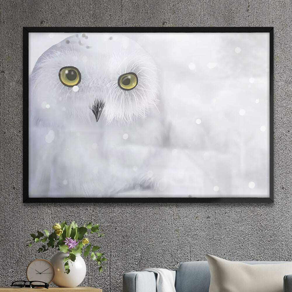 Quadro Decorativo Gigante Pintura Coruja Branca na Neve