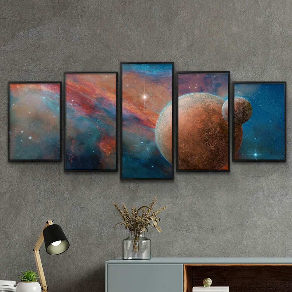 Kit 5 Quadros Decorativos Mosaico Pintura de Planetas Galáxi