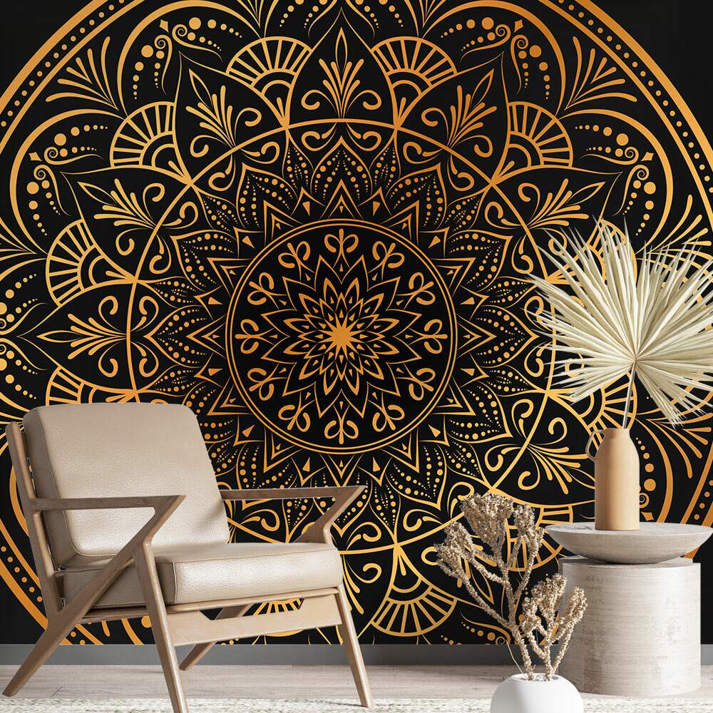 Foto Mural Mandala Dourada com Fundo Preto MP - Fran Adesivos de Parede