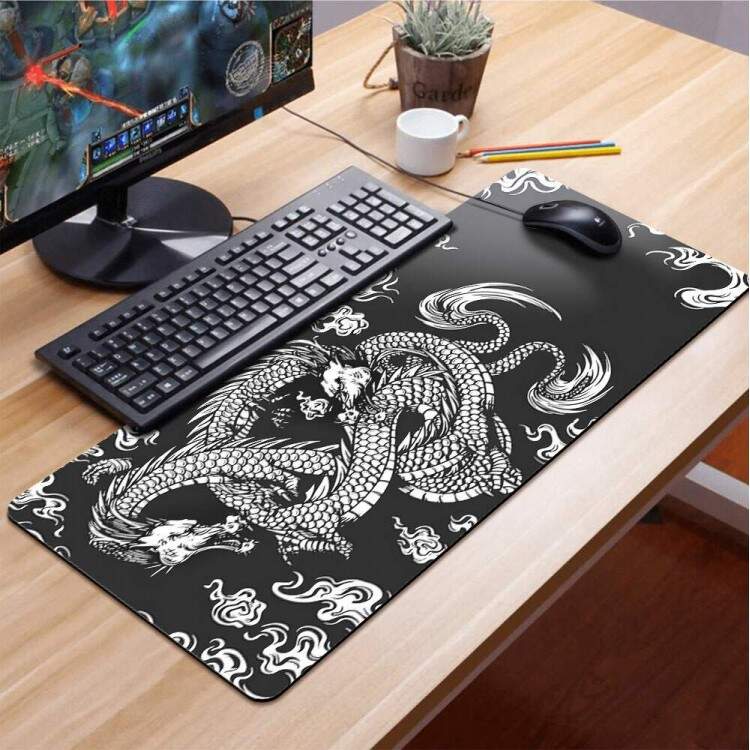 Mouse Pad Gigante 70x30cm Dragão Preto e Branco - Fran Adesivos de Parede
