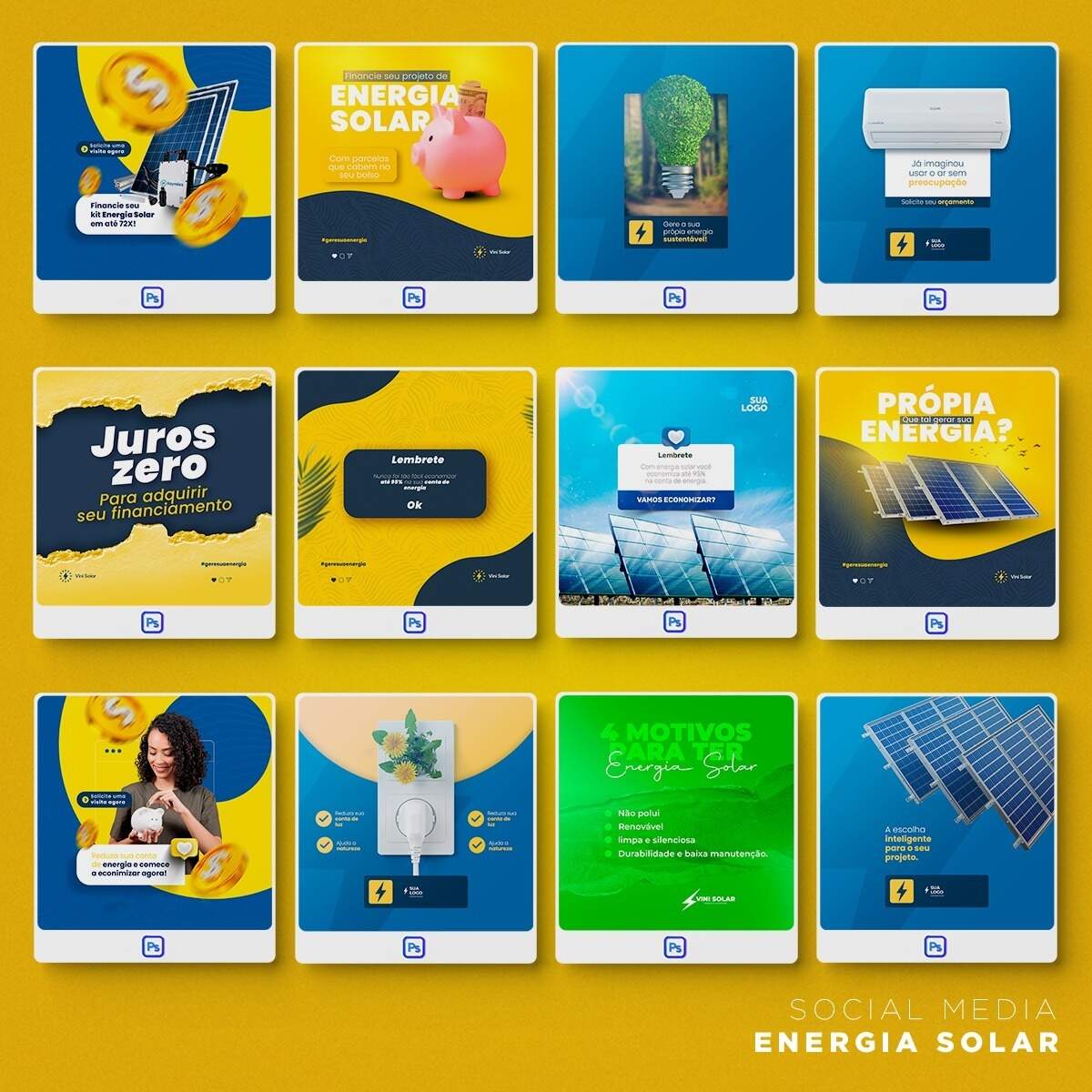 Pack 270 Artes Energia Solar Editável Photoshop +bônus