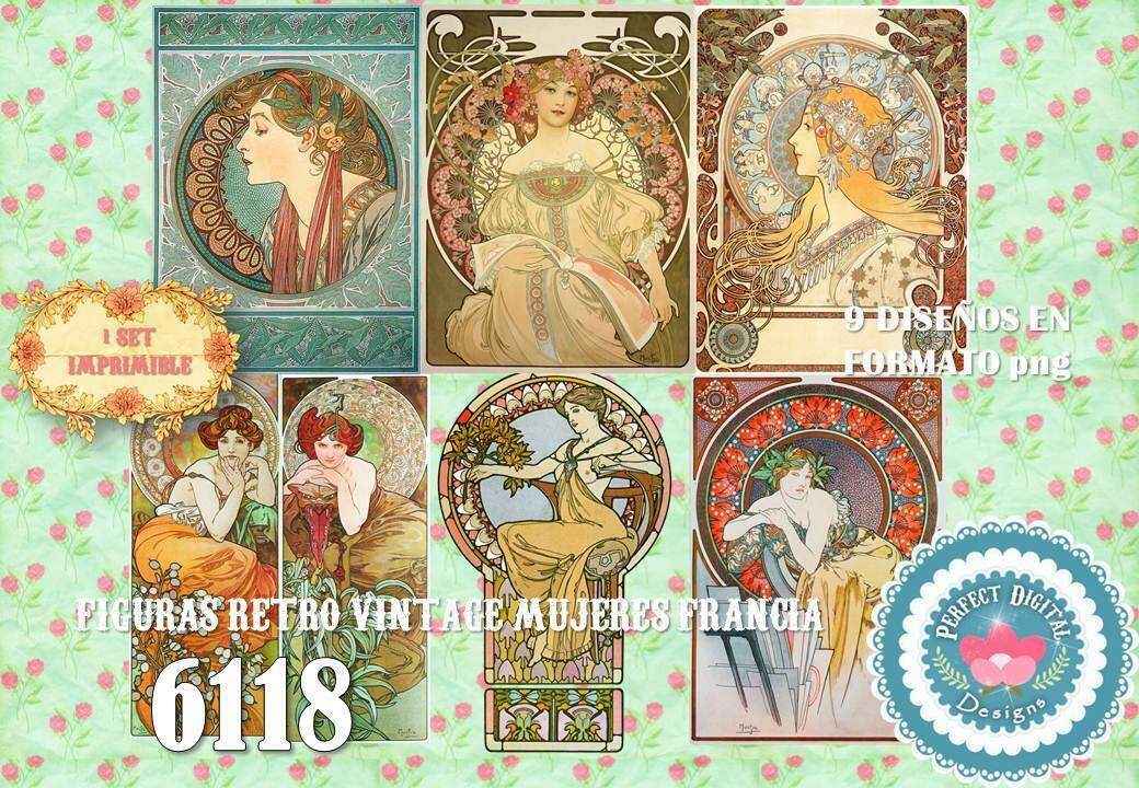 Kit Imprimible 6118 Estampás Mujeres Retro Vintage Francia
