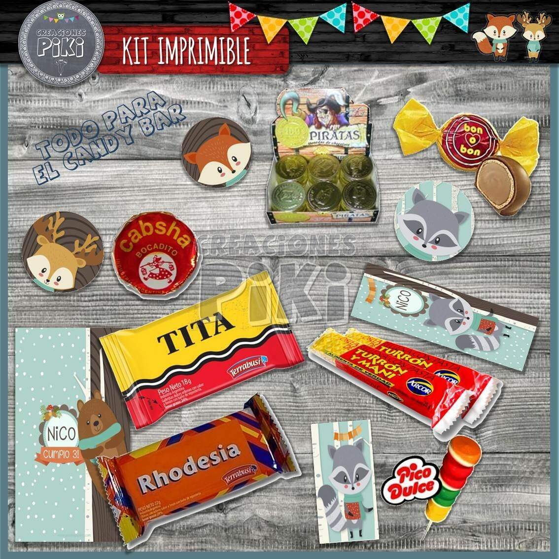 Kit Imprimible Candy Bar Animales Zorro Oso Mapache