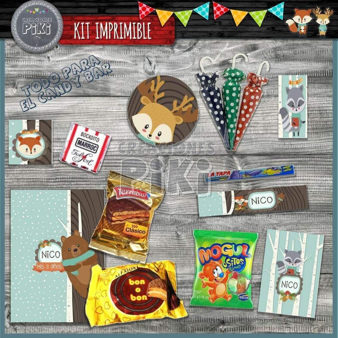 Kit Imprimible Candy Bar Animales Zorro Oso Mapache