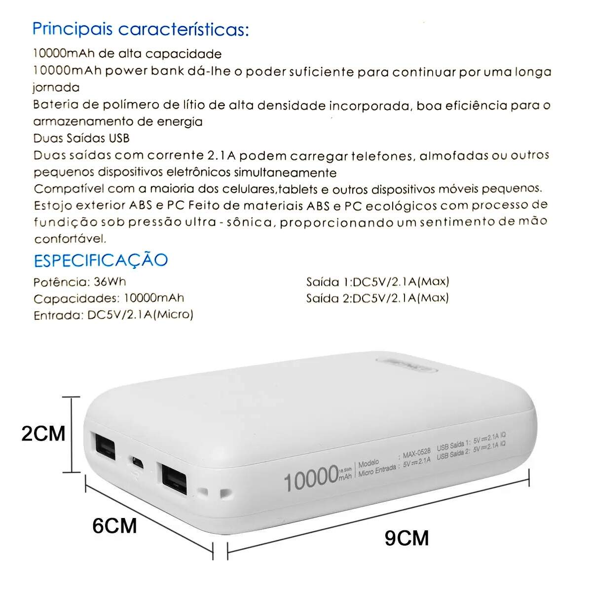 Mini Power Bank It Blue MAX Premium Duas Portas Carga Rápida 10.000mAh ...