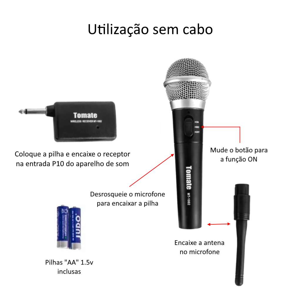 Microfone Profissional 2 em 1 Funciona Sem fio e com Fio Tomate