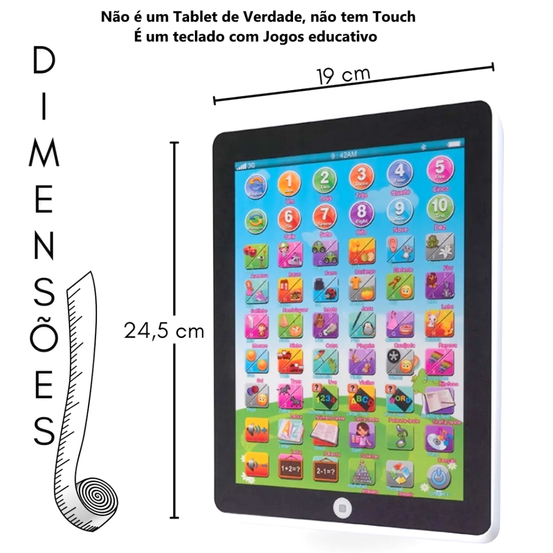 Piano Tablet 62 Teclas Jogos Perguntas Palavras Alfabeto Educativo Azul