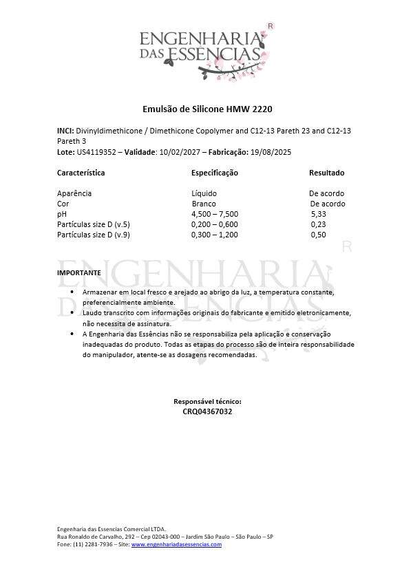 Emulsão de Silicone HMW 2220 - Única Opção : 10/02/2027 - Engenharia ...